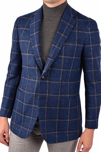 STILE LATINO handmade blazer US 44 EU 54 wool cashmere silk blue check ...