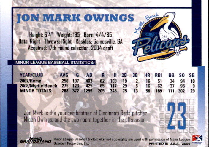 2009 Myrtle Beach Pelicans Grandstand #26 Jon Mark Owings Gainesville ...