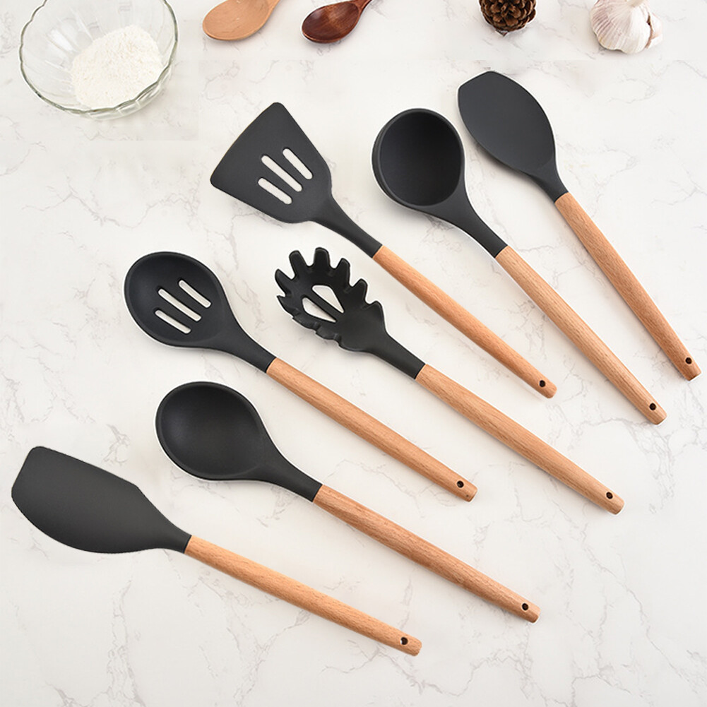 Heat Resistance Kitchen Utensils Set Comfortable Grip With Wooden ...