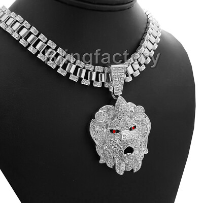 Hip Hop Iced Silver Tone Lion Head & 18" Iced Rollie Link Choker Chain ...