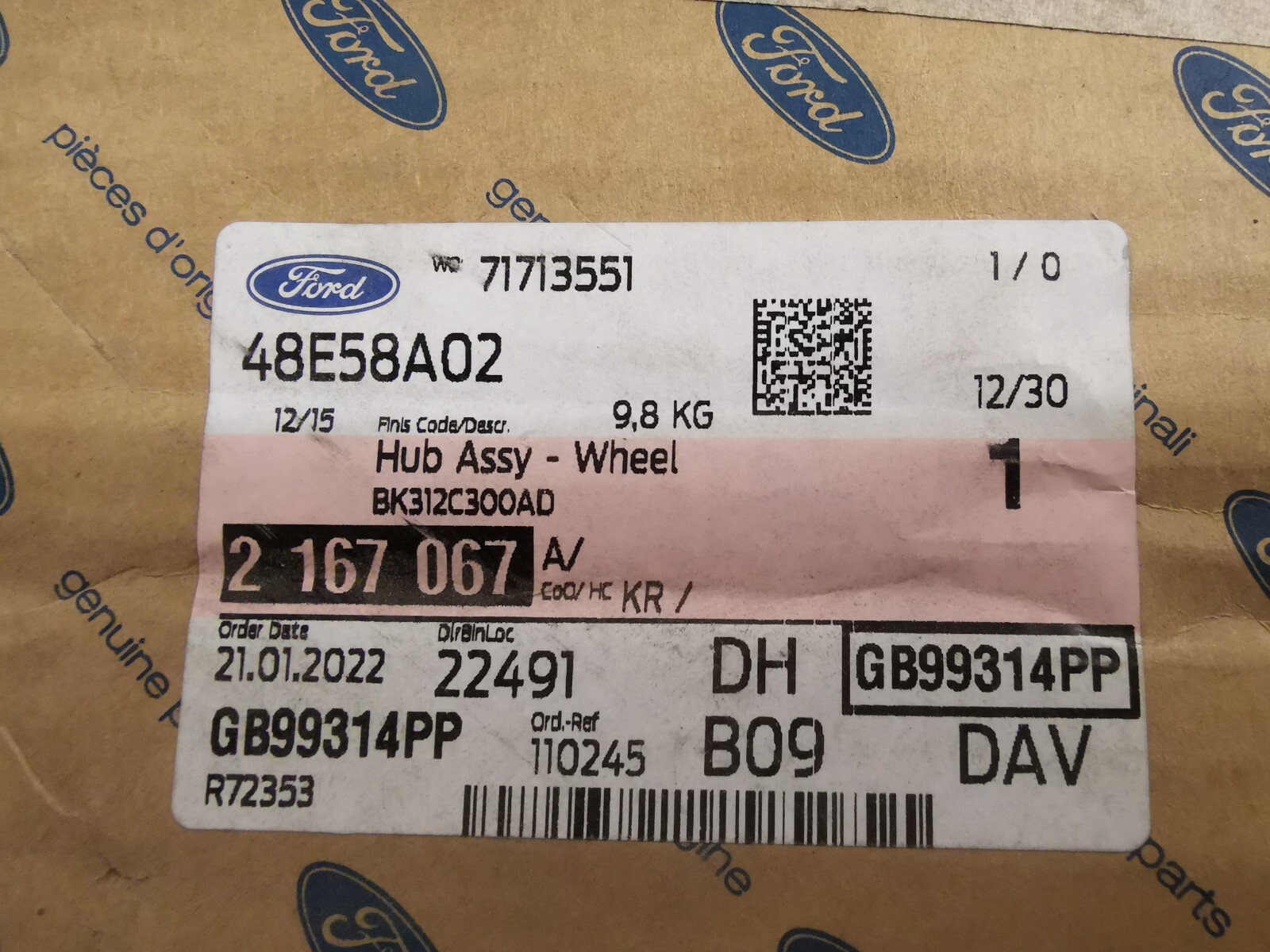 Ford Transit Mk8 GENUINE OEM Front Hub & Bearing Kit - 2167067 ...