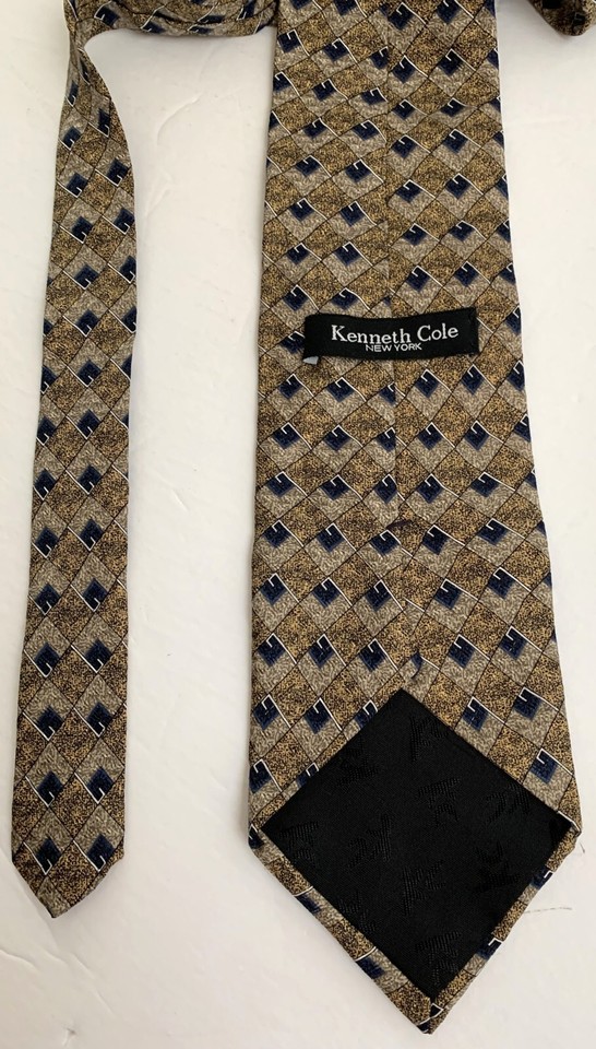 KENNETH COLE Mens Neck TIE SILK Khaki Gold Navy Geometric NECKTIE | eBay