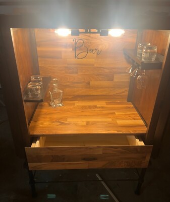 Mid Centry Modern MCM Bar Cabinet Brown Solid Wood Lighted with drawer ...