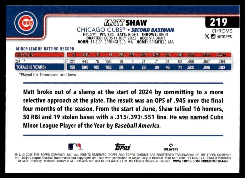 2025 Topps Chrome #219 Matt Shaw RC Chicago Cubs Rookie | eBay