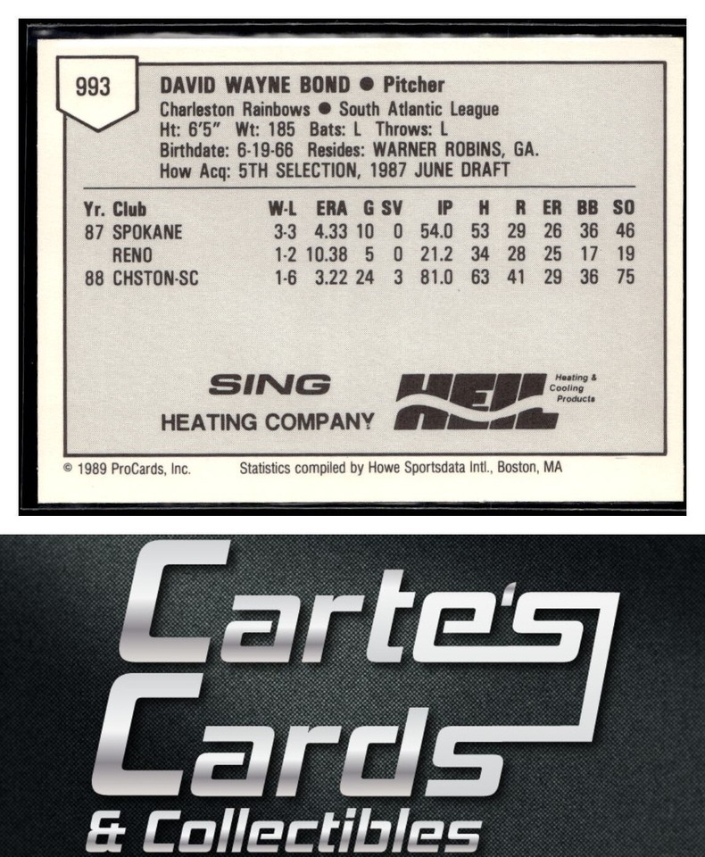 David Bond 1989 ProCards Minor League Team Sets #993 Charleston ...