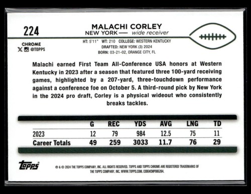 2024 Topps Chrome #224 Malachi Corley Rookie Card New York Jets | eBay