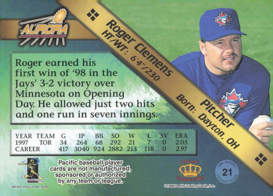 1998 Pacific Aurora #21 Roger Clemens Pennant Fever | eBay