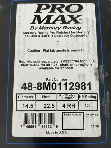 New Mercury Racing PRO MAX Propeller 14.5 x 22.5 Pitch 4RH 48 ...