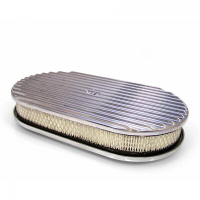 15" Full Finned Polished Aluminum Oval Retro Air Cleaner Assembly Kit w ...