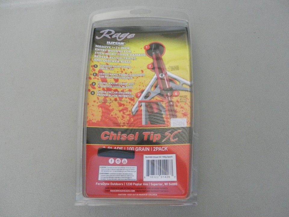 NIP Rage Chisel Tip 2 Blade Sc 100 Grain Broad Head Factory 2"+ Slip ...
