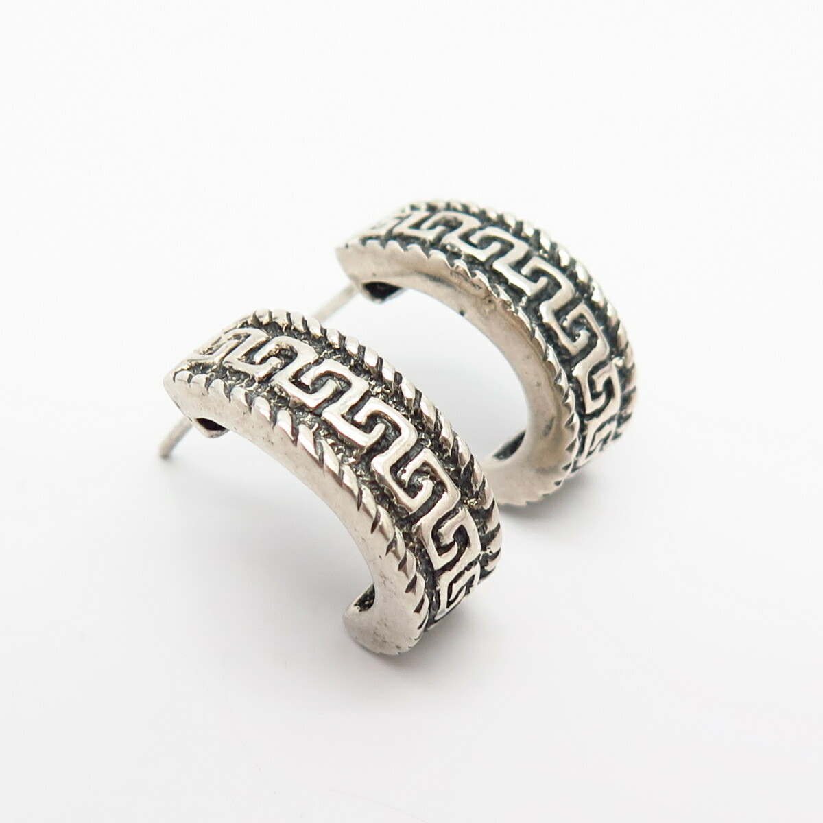 925 Sterling Silver Greek Maze Design Half Hoop Earri… - Gem