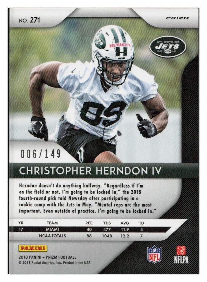 G897 CHRIS HERNDON RC 2018 PRIZM RED WAVE REFRACTOR NY JETS #271 | eBay