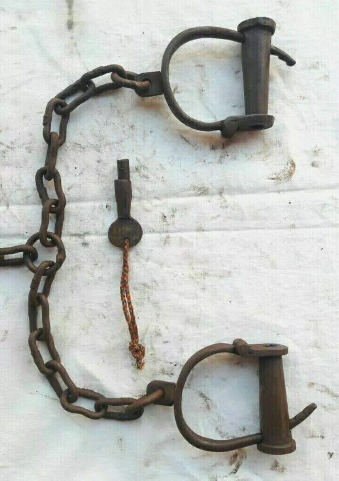Antique Handcuff Heavy Iron Long chain Antique Old Rare Adjustable ...