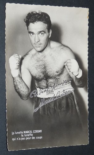 CARTE PUBLICITAIRE BOXE BOXING LUNETTE MARCEL CERDAN POIDS MOYEN 1947-1948 | eBay