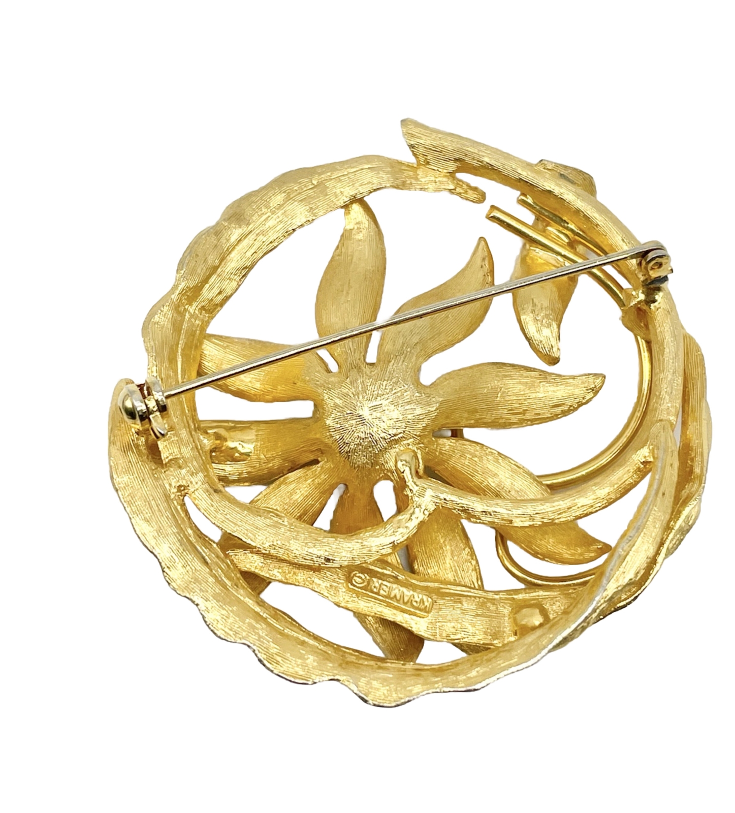 Kramer Gold Tone Textured Shiny Flower Brooch - Gem
