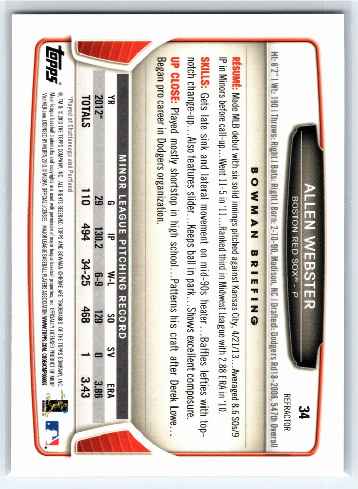 2013 Bowman Chrome Baseball Refractor Allen Webster Boston Red Sox RC ...