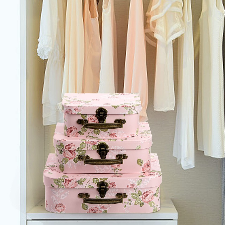 3 Pack Paperboard Suitcases Decorative Storage Box with Lids and Metal ...