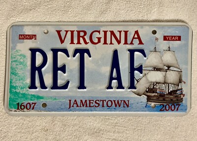 Expired Virginia Vanity License Plate-Obsolete JAMESTOWN Tag-“RET AF ...