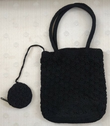 BLACK CROCHETED STRING HANDBAG with attached ZIPPERED COIN PURSE ~ 2 ...