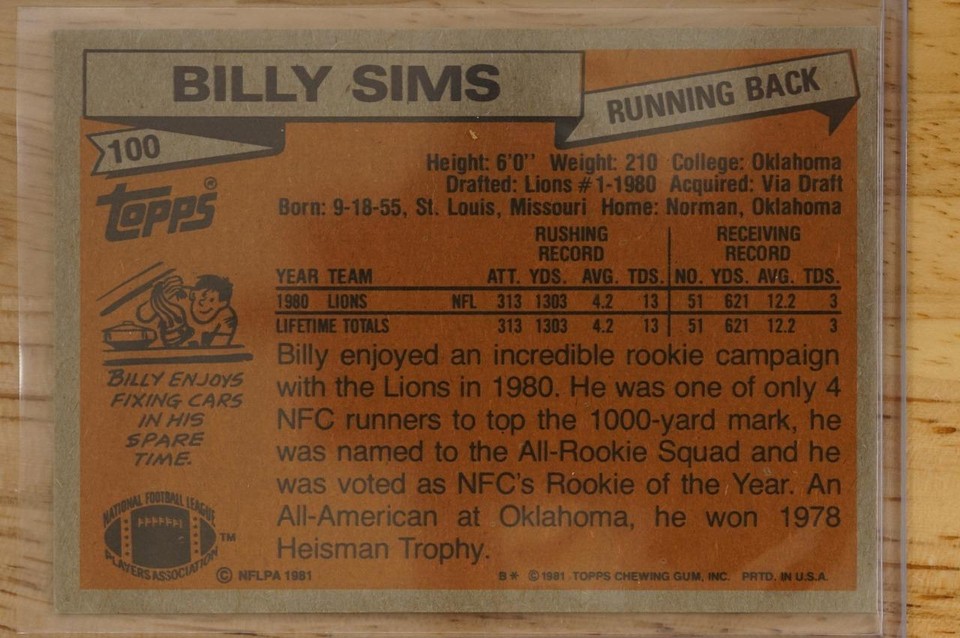 Vintage Topps Football Card 1981 All Pro Billy Sims NFC Lions RB | eBay
