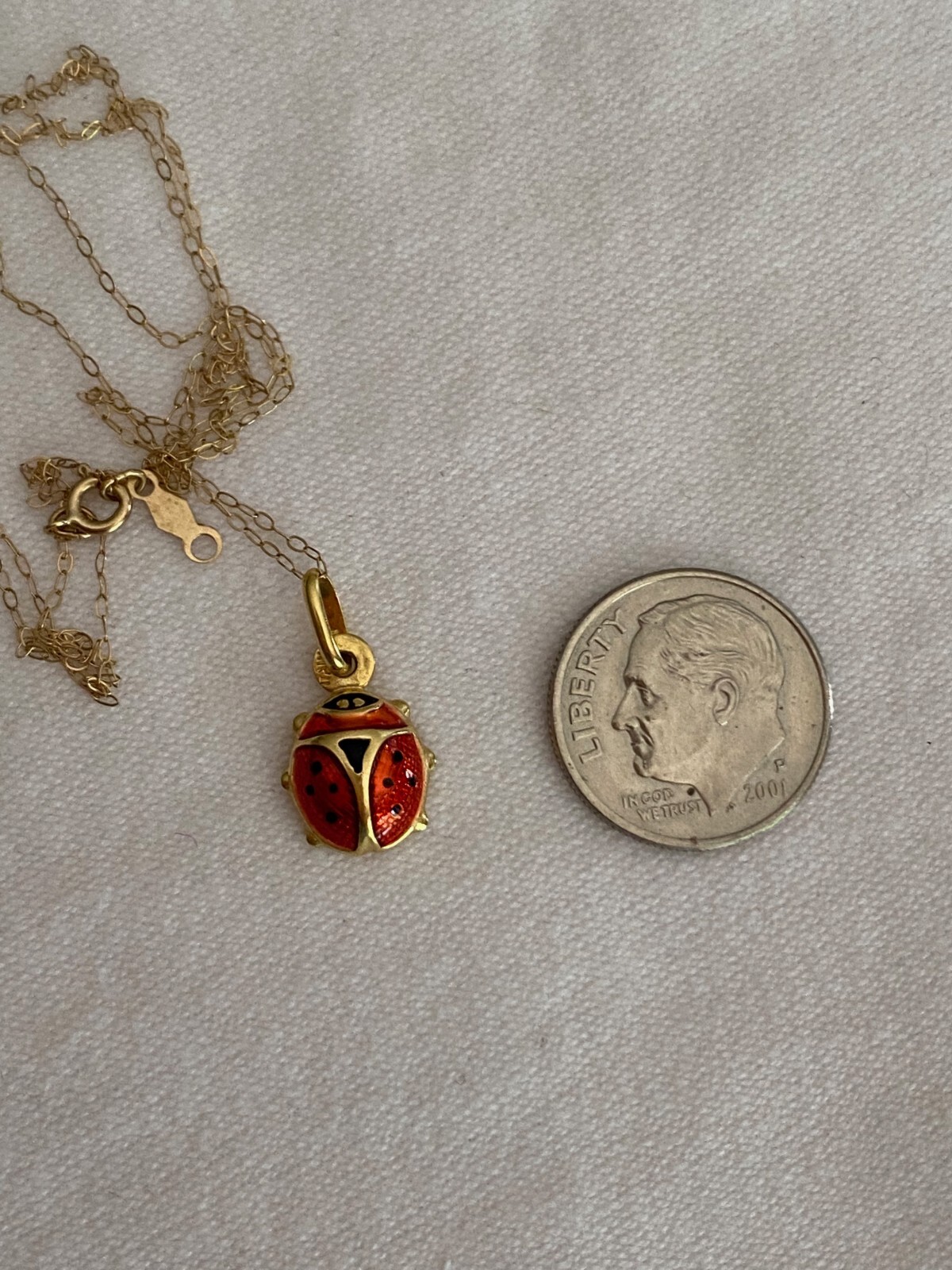 14K Gold Ladybug Pendant Necklace Charm Enamel Detail… - Gem