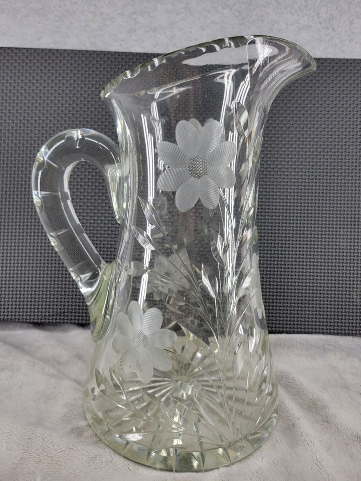Vintage Etched Glass Pitcher Crystal Floral Design Heavy Cut Water Jug ...
