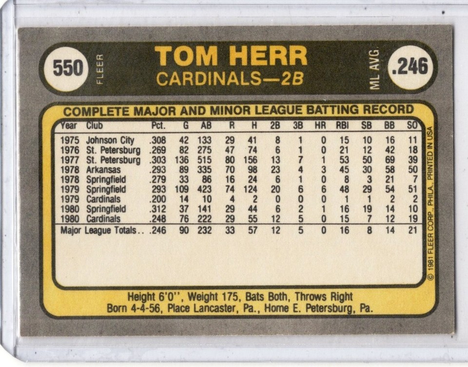 1981 Fleer Tom Herr #550 St. Louis Cardinals Baseball Card | eBay