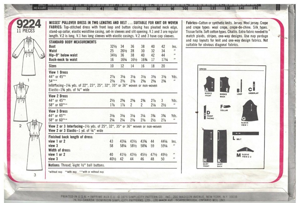 9224 Vintage Simplicity Sewing Pattern Misses Pullover Dress Belt OOP ...