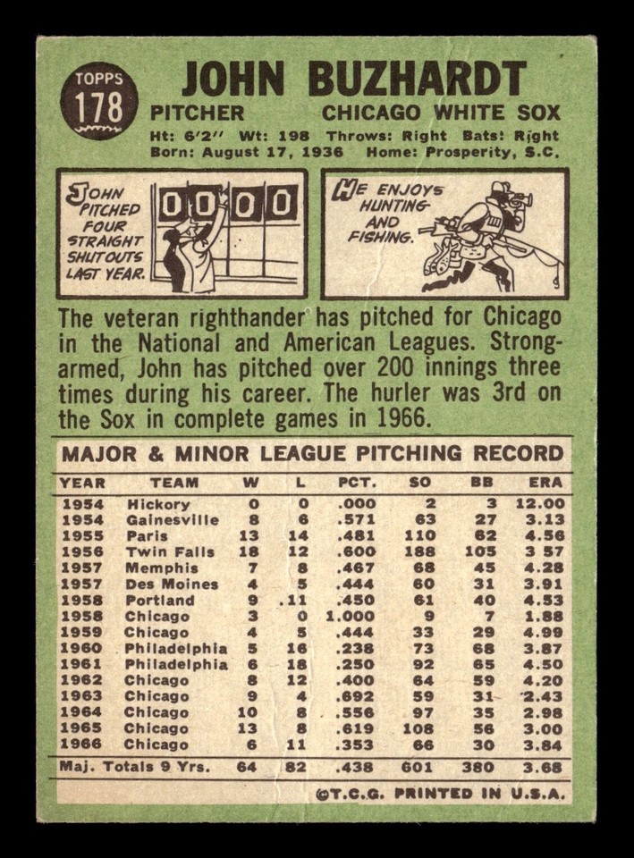 John Buzhardt 1967 Topps #178 Chicago White Sox Very Good | eBay