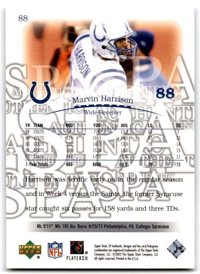 2003 Upper Deck SP Authentic Marvin Harrison Indianapolis Colts #88 | eBay