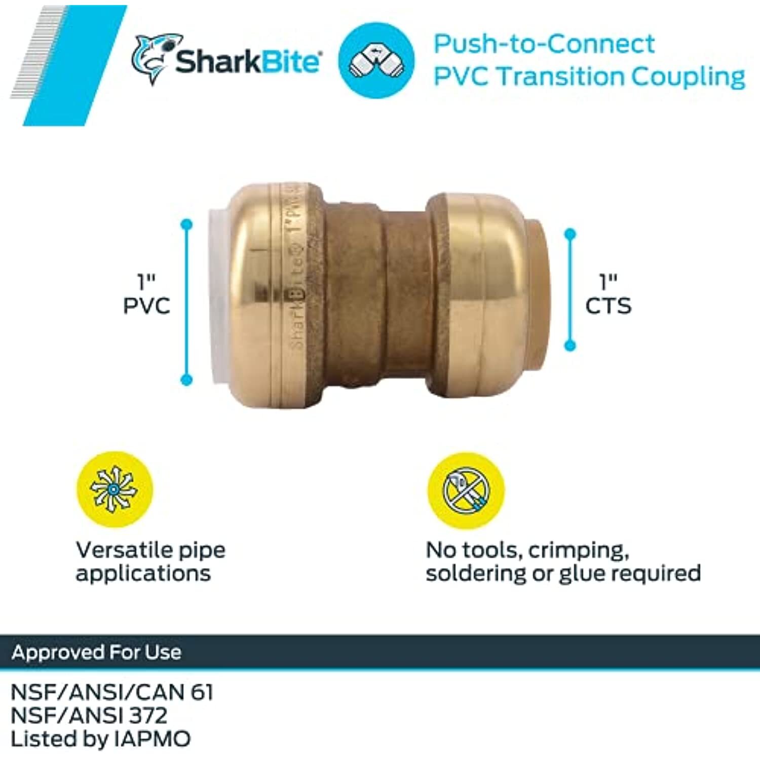 SharkBite 1 Inch CTS x 1 Inch PVC Transition Coupling, Push to Connect ...