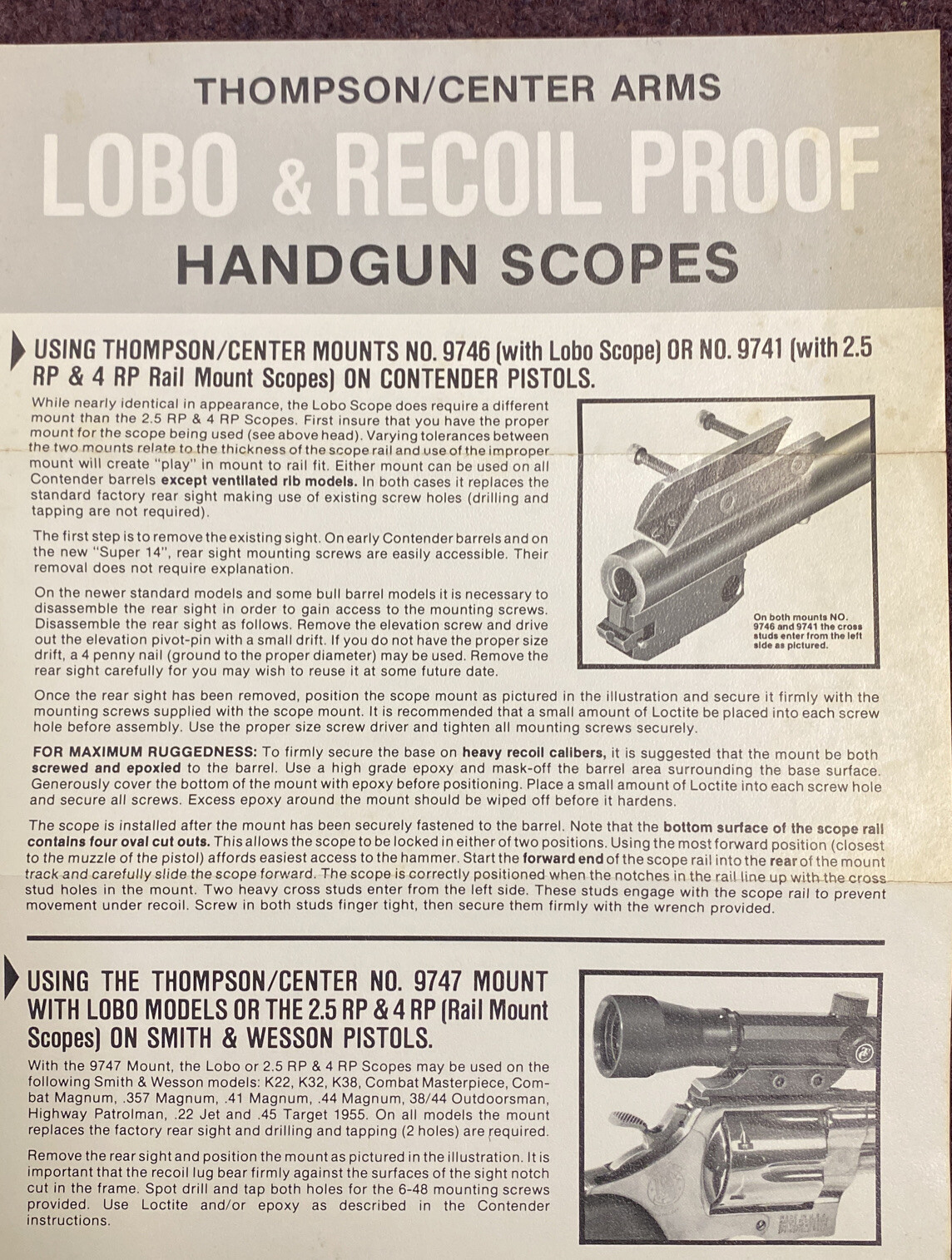 Thompson/Center Arms LOBO Recoil Proof Instruction Sheet Handgun Scopes ...