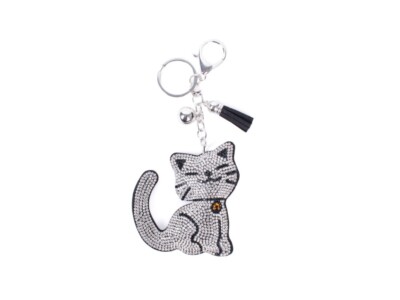 Smiling Cat Tassel Bling Faux Suede Stuffed Pillow Key Chain Handbag ...