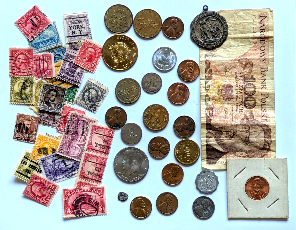 Vintage Junk Drawer Lot. - Stamps . Coins, Tokens.... 3 scans. | eBay