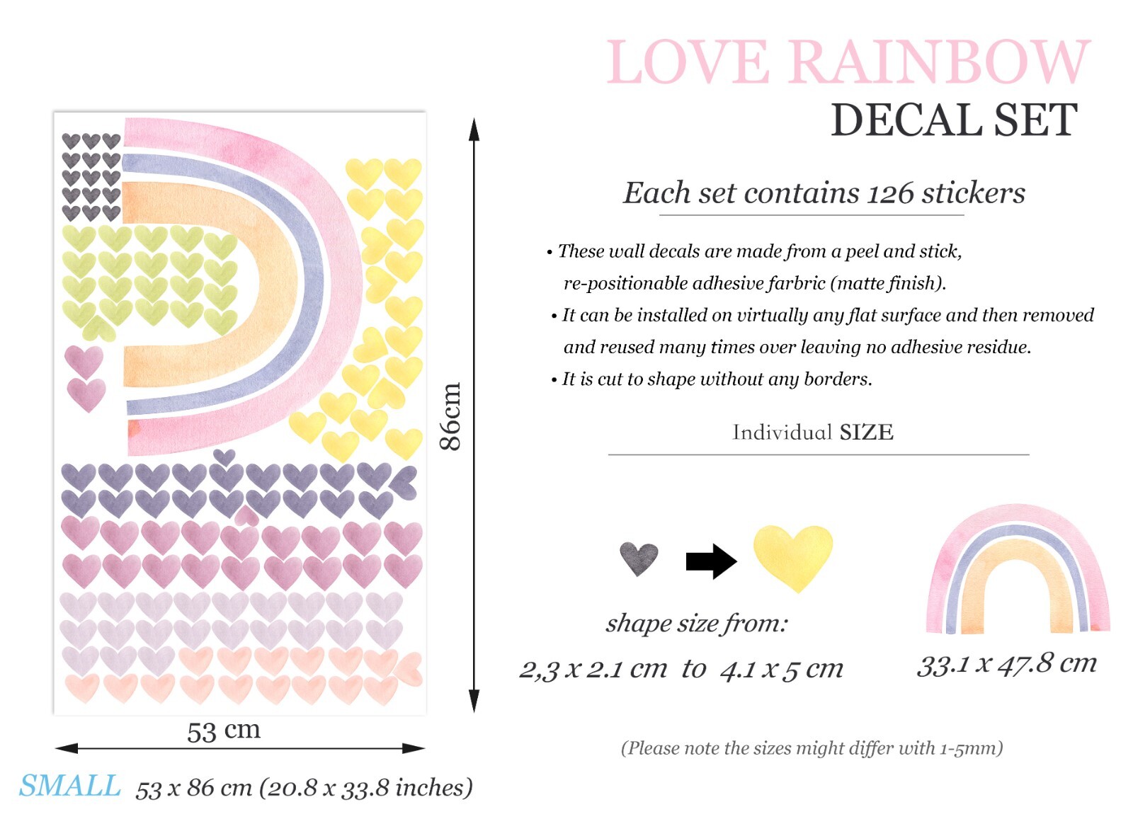 Watercolor Rainbow Love Heart Removable Wall Fabric Girl Room Decal Set ...