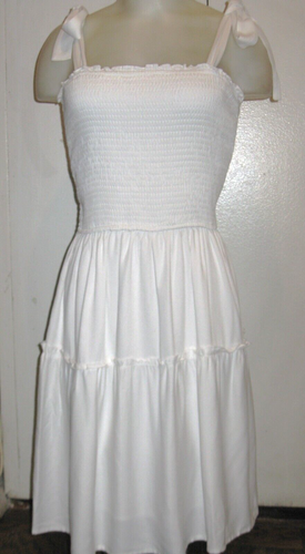 ZESICA WHITE PUCKERED BODICE BOW STRAPS FIT & FLARE SPRING/SUMMER DRESS ...