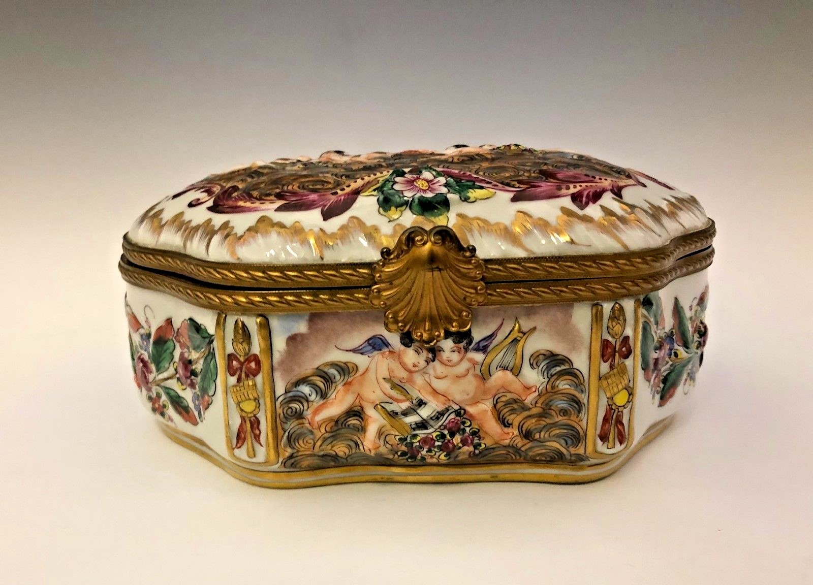 Capo De Monte Porcelain & Brass Handpainted Dresser Box | eBay
