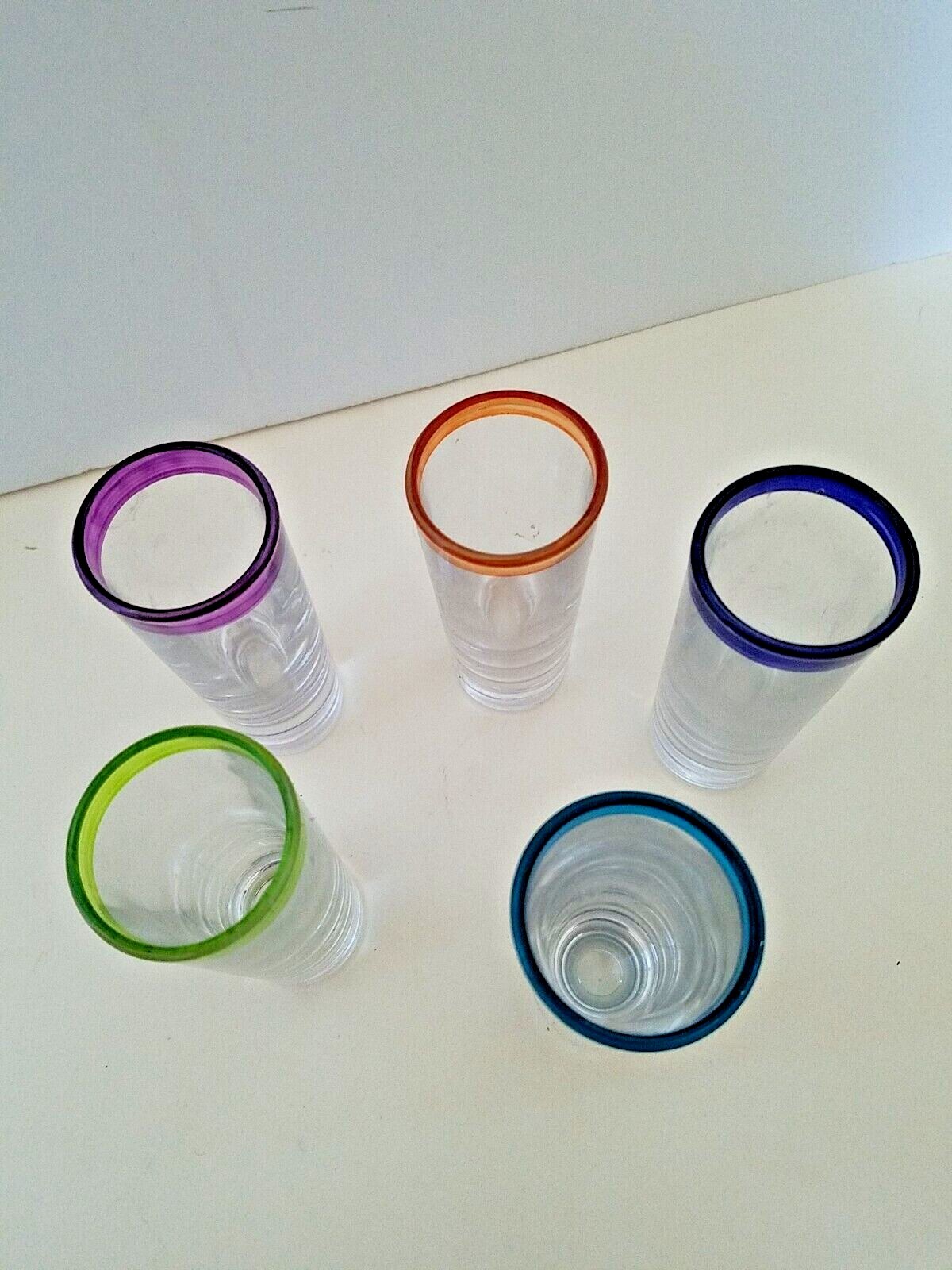 Vintage Shot Glass Clear Set Of 5 Tall Colored Rims 4 1/4 Inches Tall ...