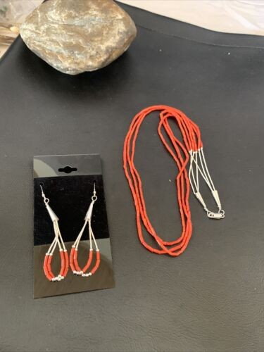 Native American Red Coral Heishi | 3-Strand Necklace & Earrings Set ...