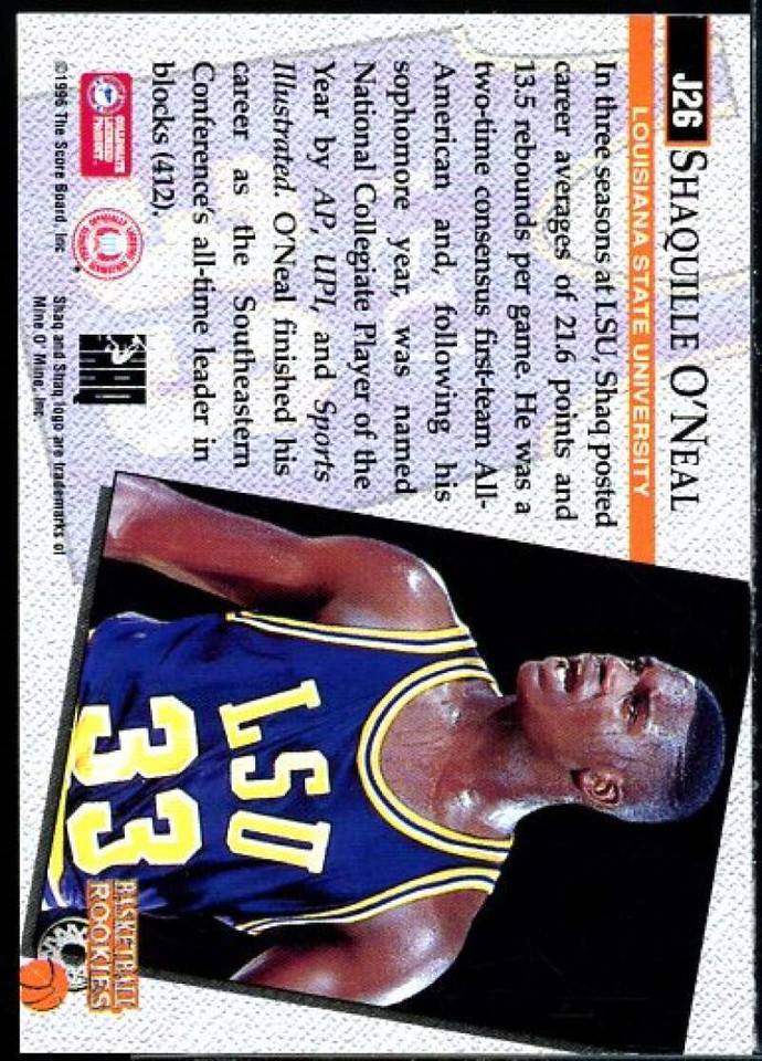 Shaquille O'Neal Card 1996 Score Board Rookies College Jerseys #J26 | eBay