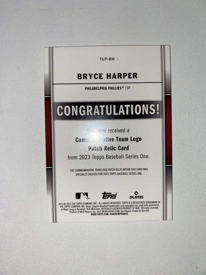2023 Topps Series 1 BRYCE HARPER Commemorative Team Logo Patch #TLP-BH ...