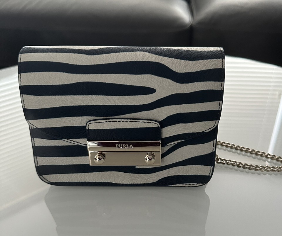 NWT Furla Julia mini leather crossbody shoulder bag Zebra print Navy & Off White | eBay