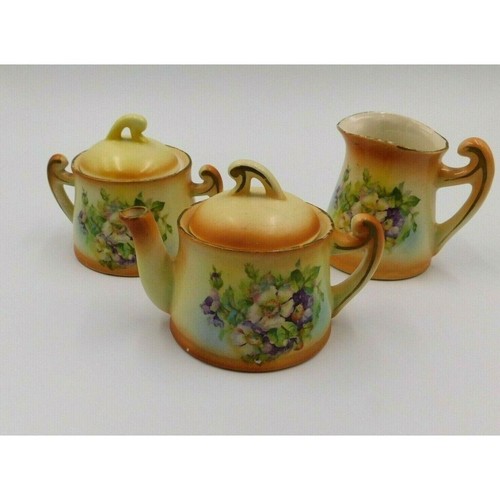 Czecho Slovakia Hand Painted Pottery Tea Set Floral Design Teapot Sugar ...