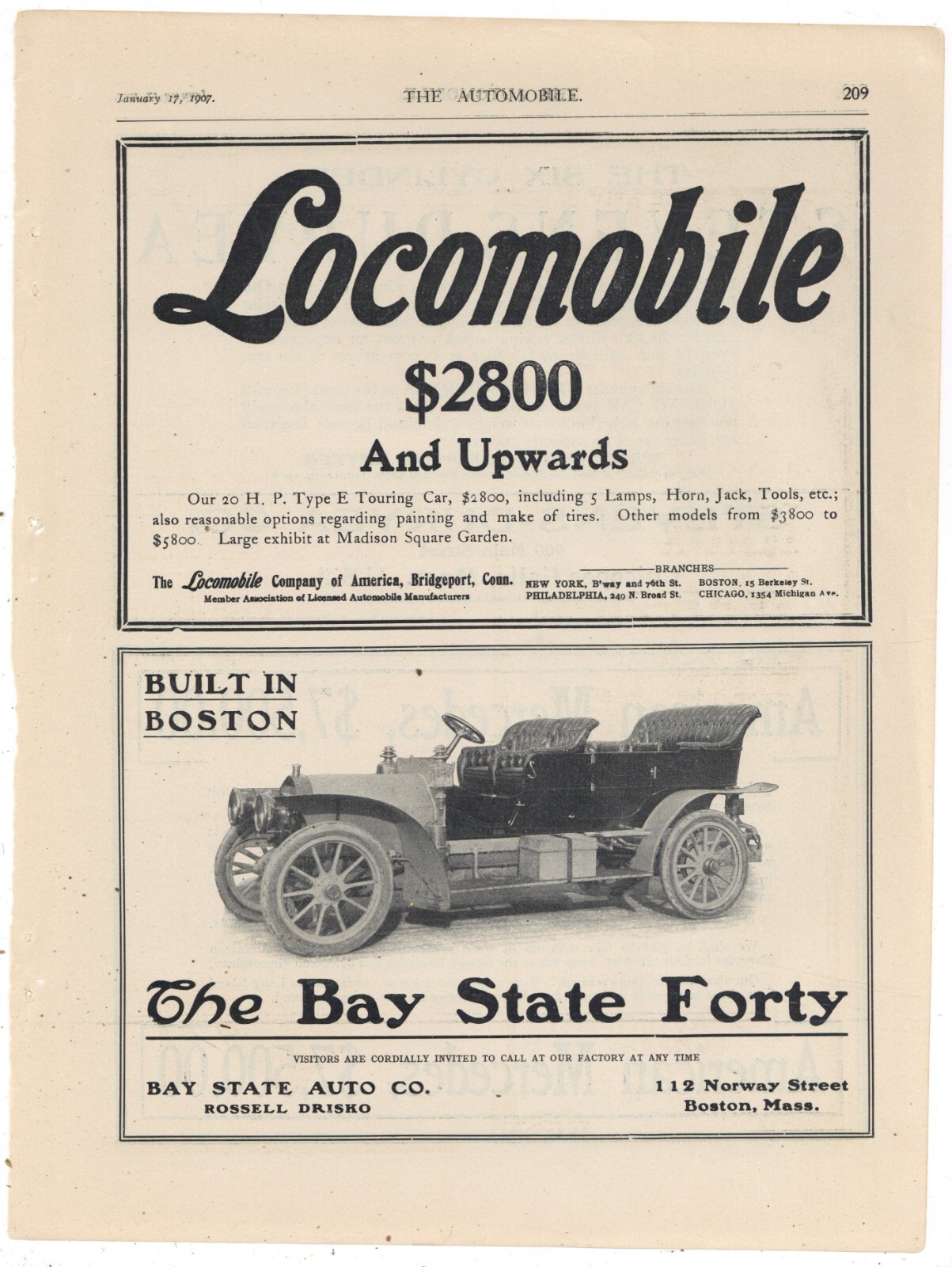 1907 Bay State Forty Automobile Ad: Boston, MA - 112 Norway St. Also ...