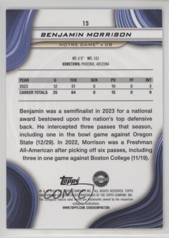 2024 Bowman U Blue Refractor /149 Benjamin Morrison #15 | eBay UK