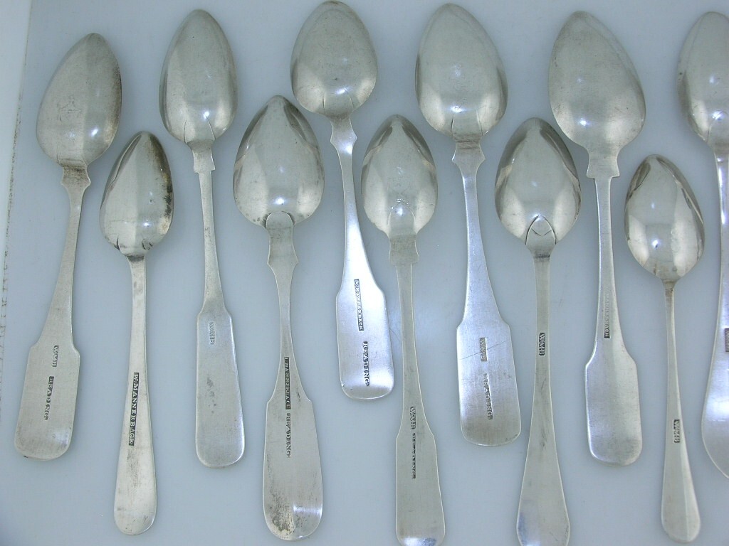 Collection 14 Early Coin Silver MANNERBACK Spoons READING PA c1700's ...