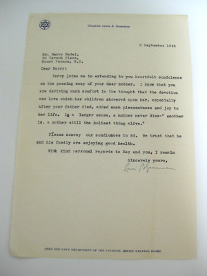 Vintage Old WWII War Chaplain Rabbi Jewish Welfare Board Letter Sept 2 ...