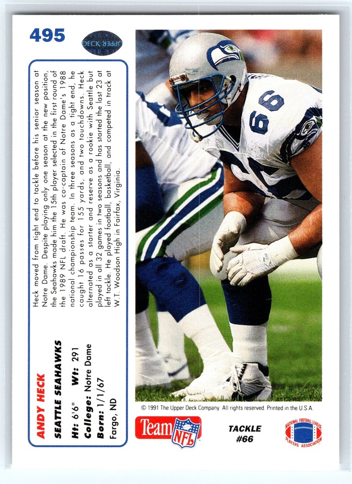 1991 Upper Deck #495 Andy Heck Football Seattle Seahawks | eBay