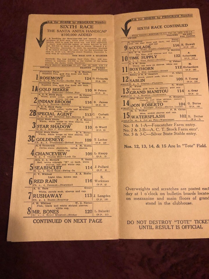 1937 Santa Anita "Big Cap" Horse Racing Program with Ticket Stub ...