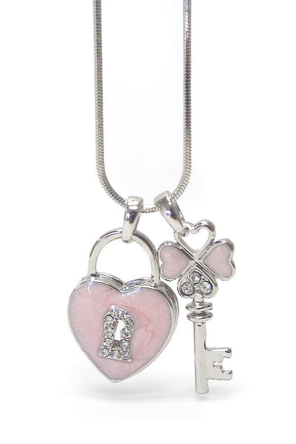 Pink Heart Lock and Key Pendant Necklace Crystal and White Gold | eBay